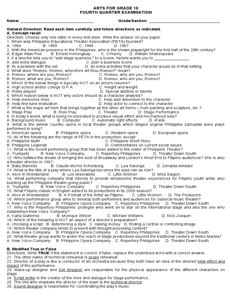 Arts For Grade 10 Fourth Quarter Examination | PDF | Opera | Theatre