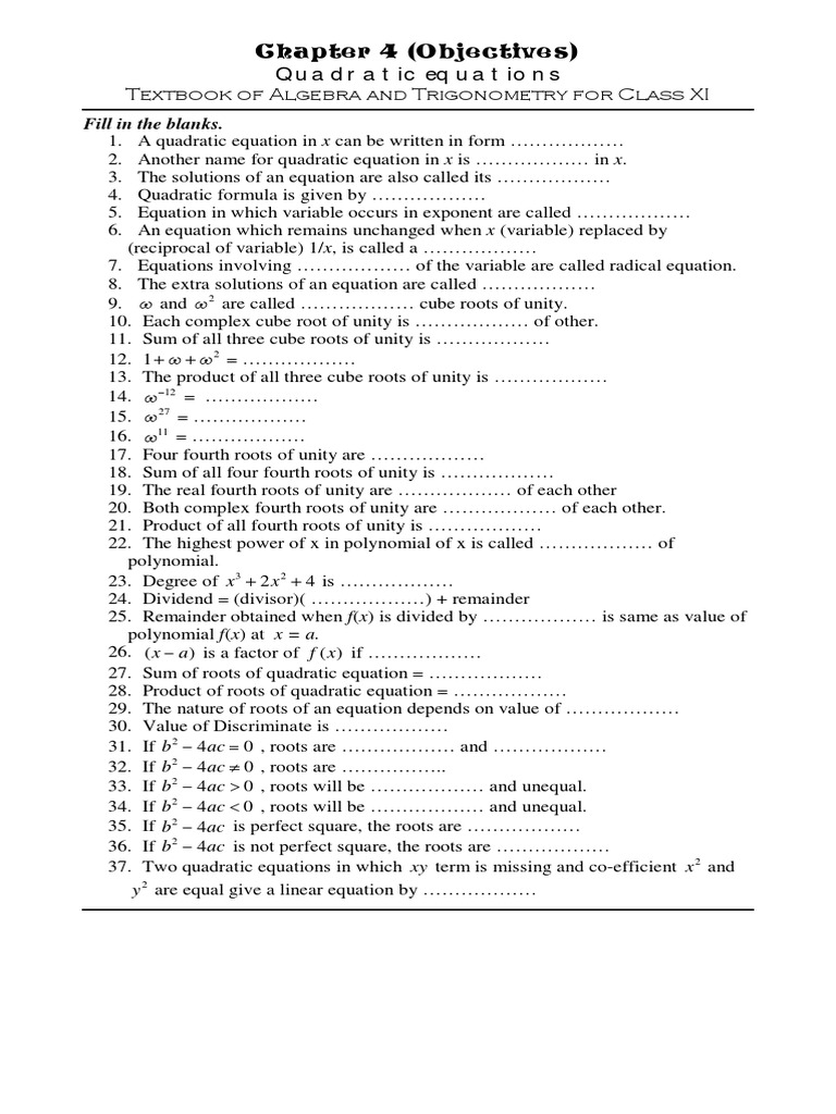 Chapter 4 (Objectives) : Quadratic Equations | PDF | Factorization ...