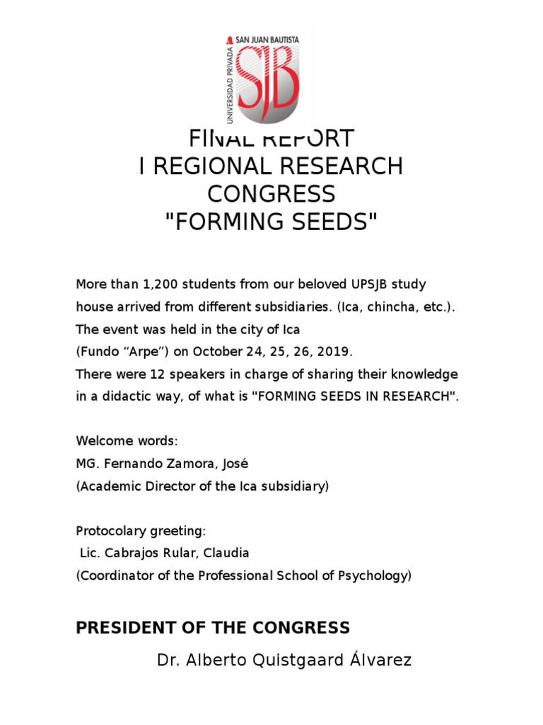 Final Report I Regional Research Congress "Forming Seeds": President of ...
