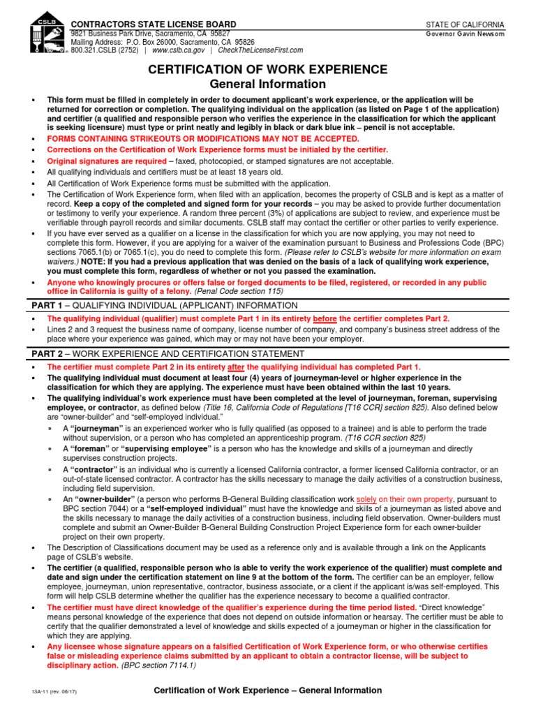 Certification of Work Experience General Information: Contractors State ...
