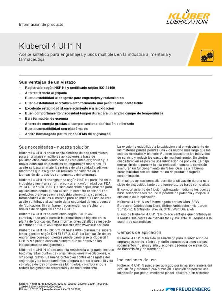 Klüberoil 4 UH1 N | PDF | Lubricante | Engranaje