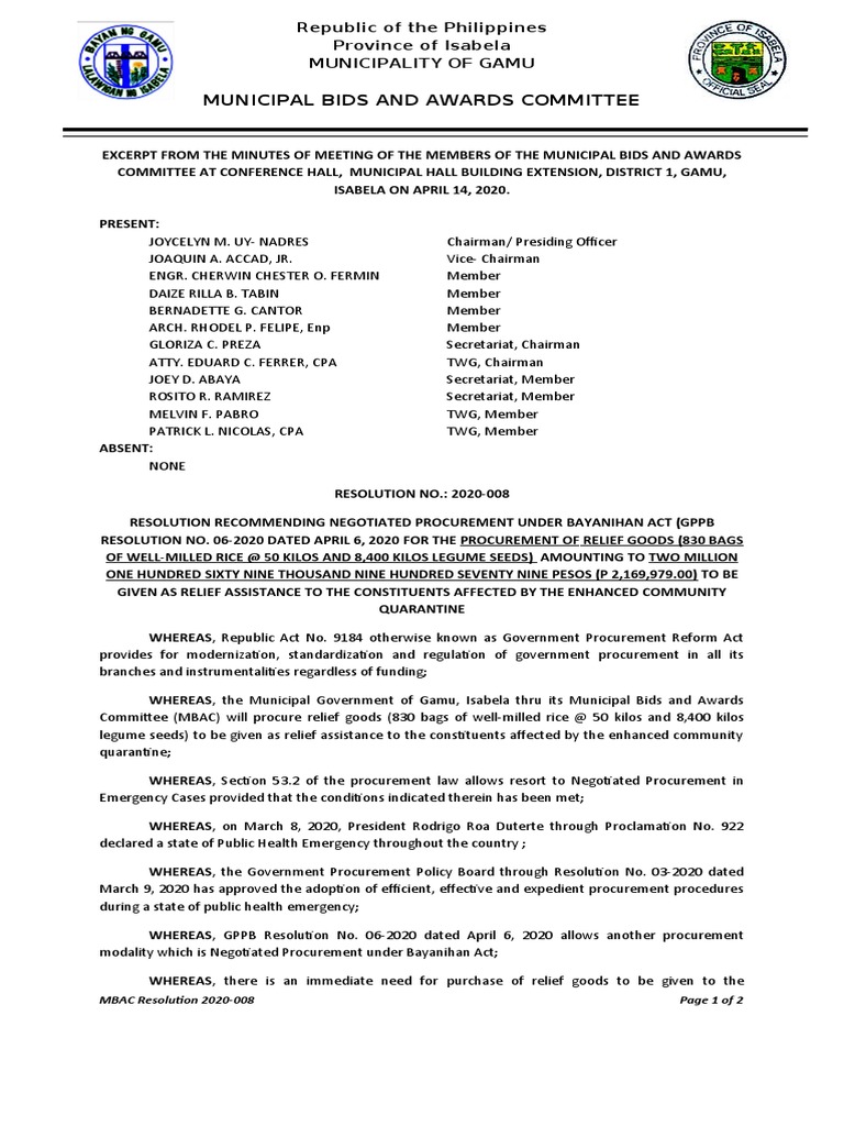 Bac Reso 2020-008 Recommending Emergency Purchase of Relief Goods | PDF ...