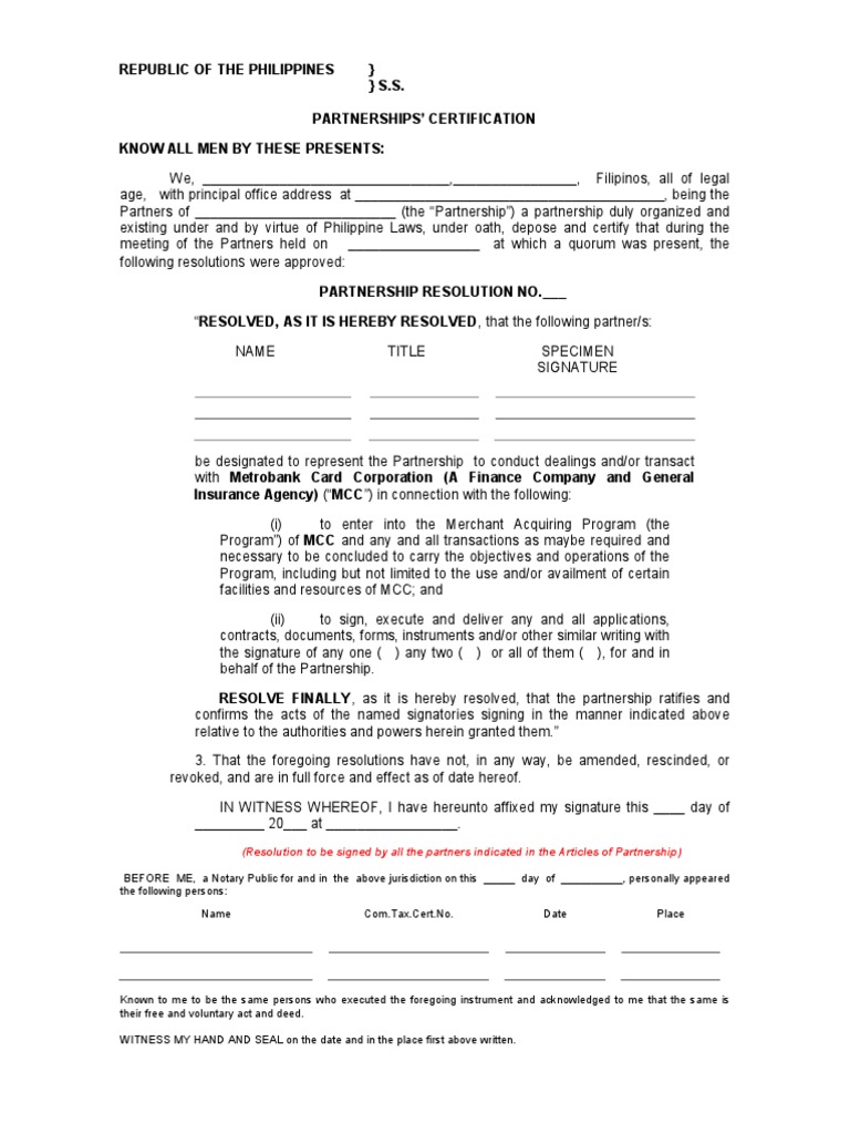 Resolution To Be Signed by All The Partners Indicated in The Articles ...