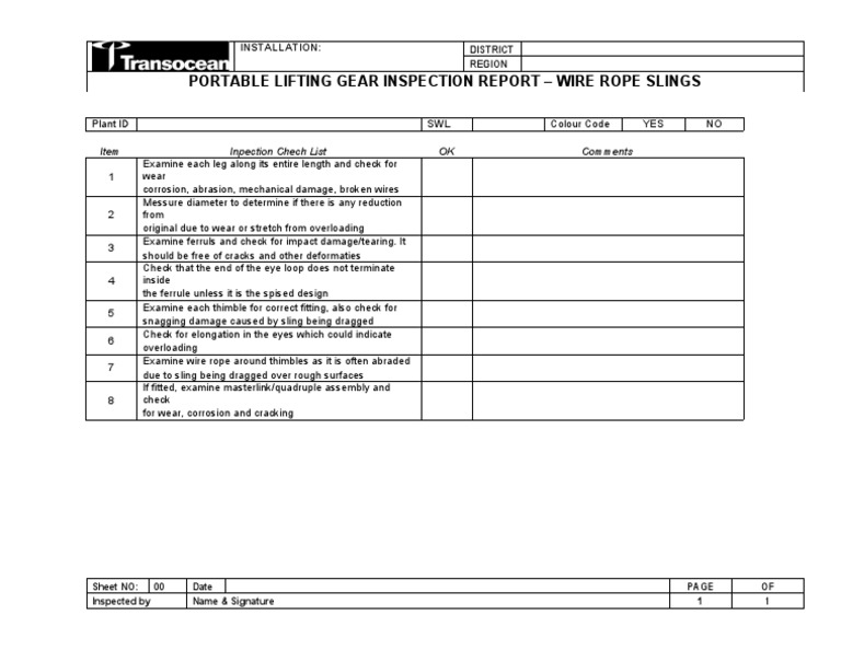 Portable Lifting Gear Inspection Report - Wire Rope Slings: Item ...