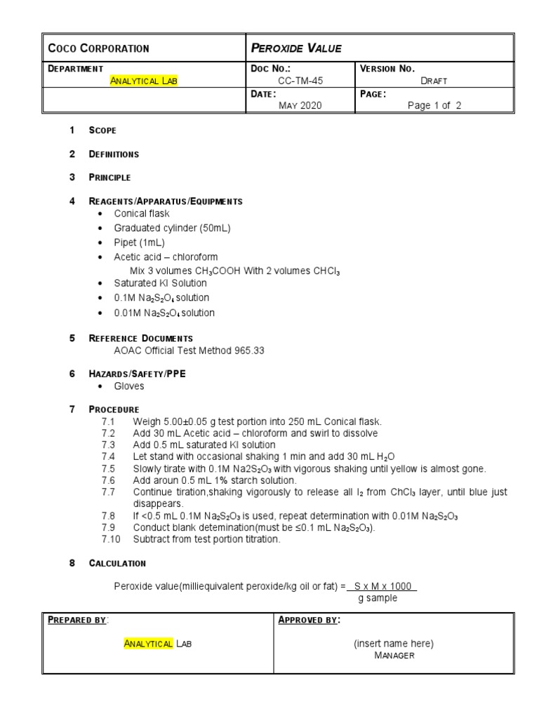 Determination of Peroxide Value Through Iodometric Titration: A ...