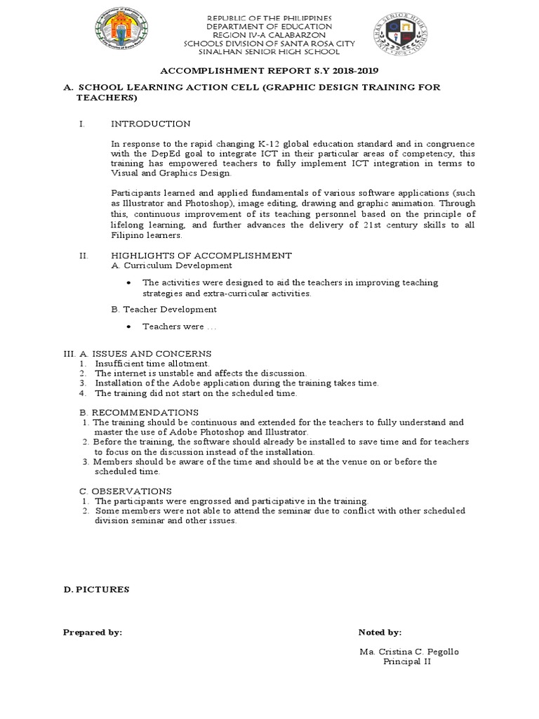Accomplishment Report S.Y 2018-2019 A. School Learning Action Cell ...