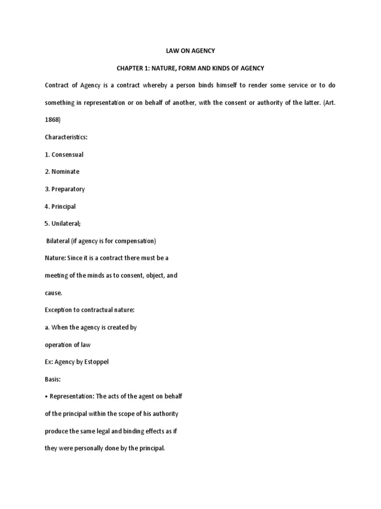 Law On Agency Chapter 1: Nature, Form and Kinds of Agency | PDF