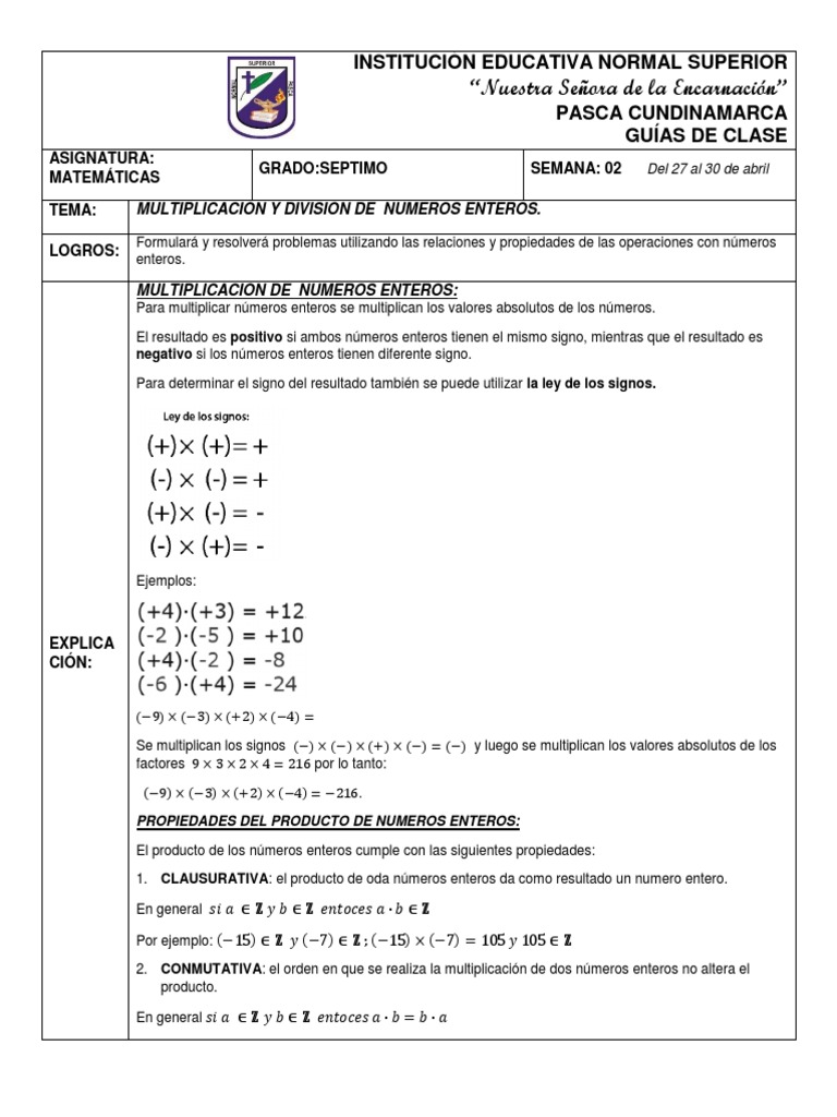 Guia 2 matEMATICAS 7° | PDF | Entero | Multiplicación Guia 2 matEMATICAS 7° | PDF | Entero | Multiplicación