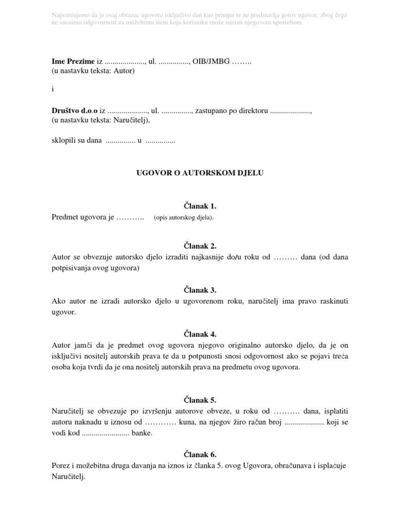 Ugovor O Delu Primer 1