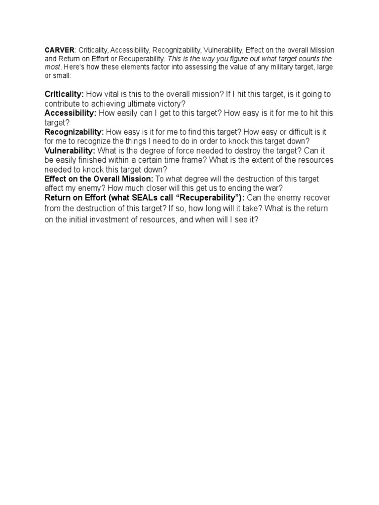 CARVER Framework for Military Target Assessment | PDF
