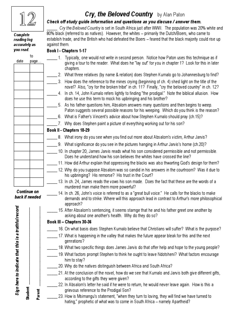 Cry, The Beloved Country: Check Off Study Guide Information and ...