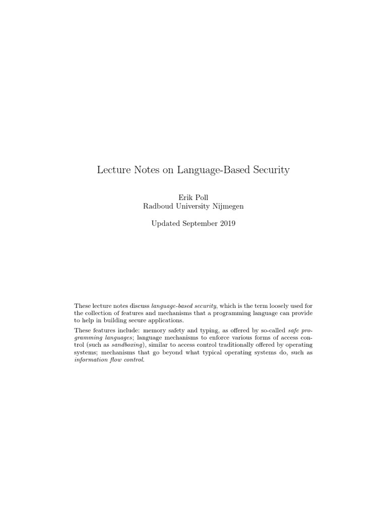 Lecture Notes On Language-Based Security: Erik Poll Radboud University ...