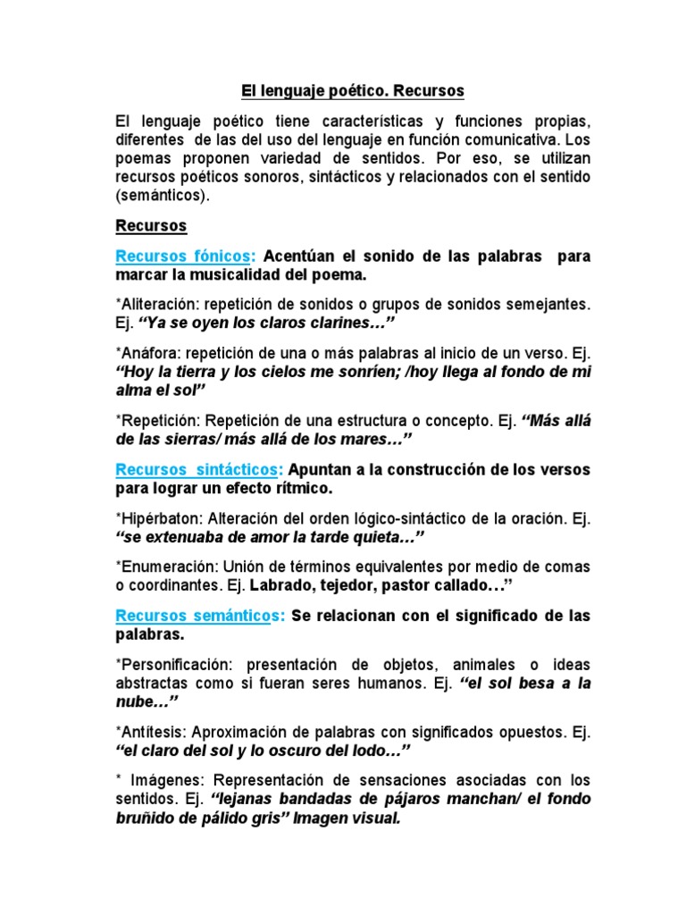 El Lenguaje Poético. Recursos | PDF