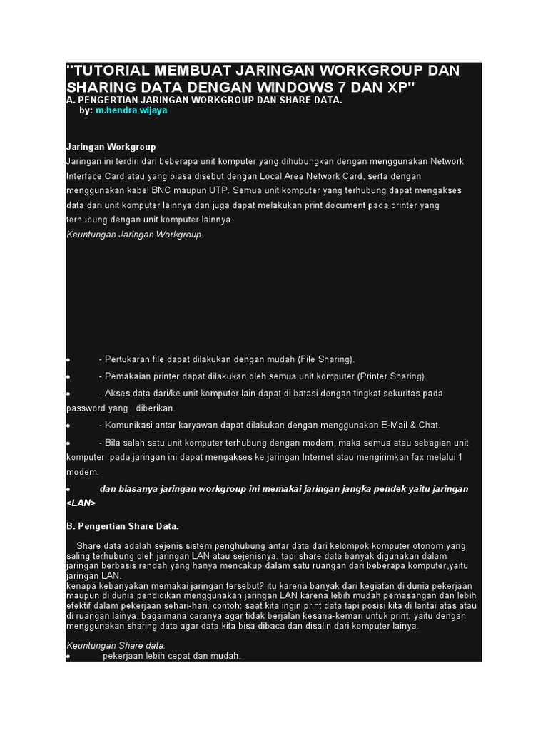 Tutorial Membuat Jaringan Workgroup Dan Sharing Data Dengan Windows 7 Dan XP | PDF