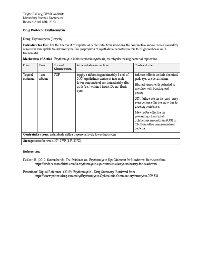 Erythromycin Ointment Protocol for Newborns | PDF | Rtt | Pharmacology