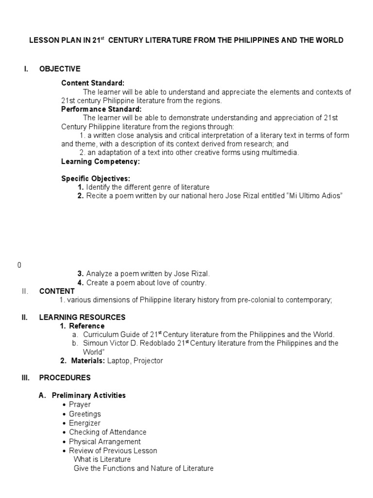 DAY 2 LESSON PLAN IN 21st CENTURY LITERATURE FROM THE PHILIPPINES AND ...