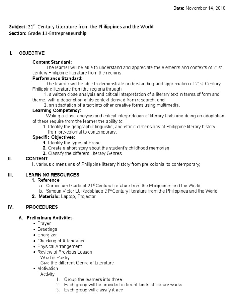 DAY 3 LESSON PLAN IN 21st CENTURY LITERATURE FROM THE PHILIPPINES AND ...