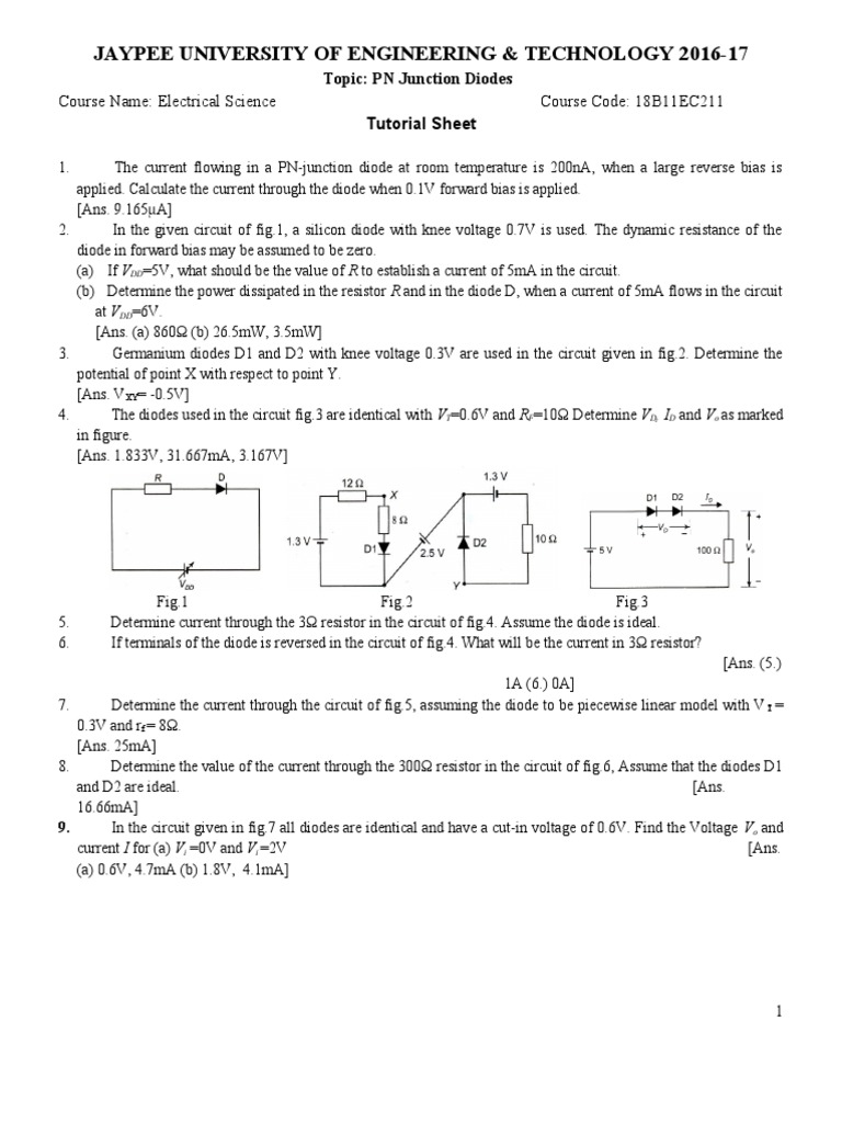 Tutorial Sheet - PN Junction Diode | PDF | Diode | Electrical Network