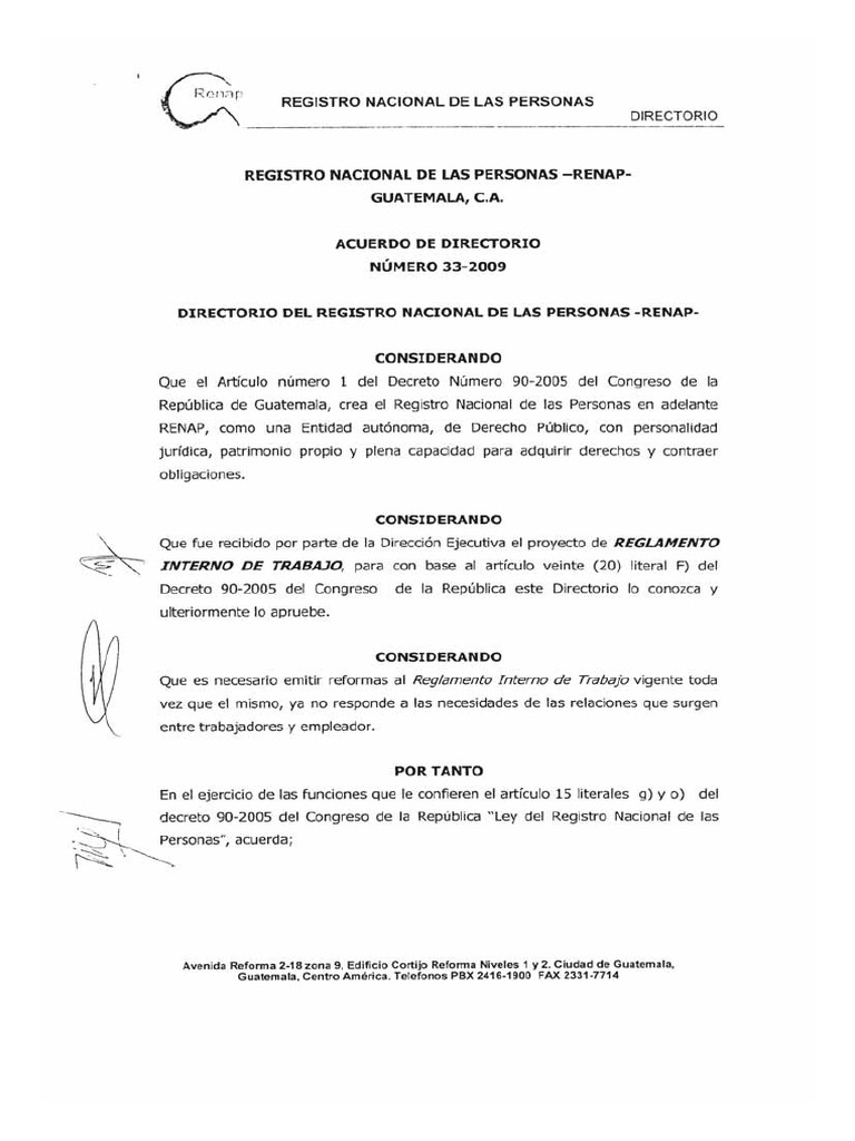 1 Reglamento Interno Trabajo Renap 2009 | PDF