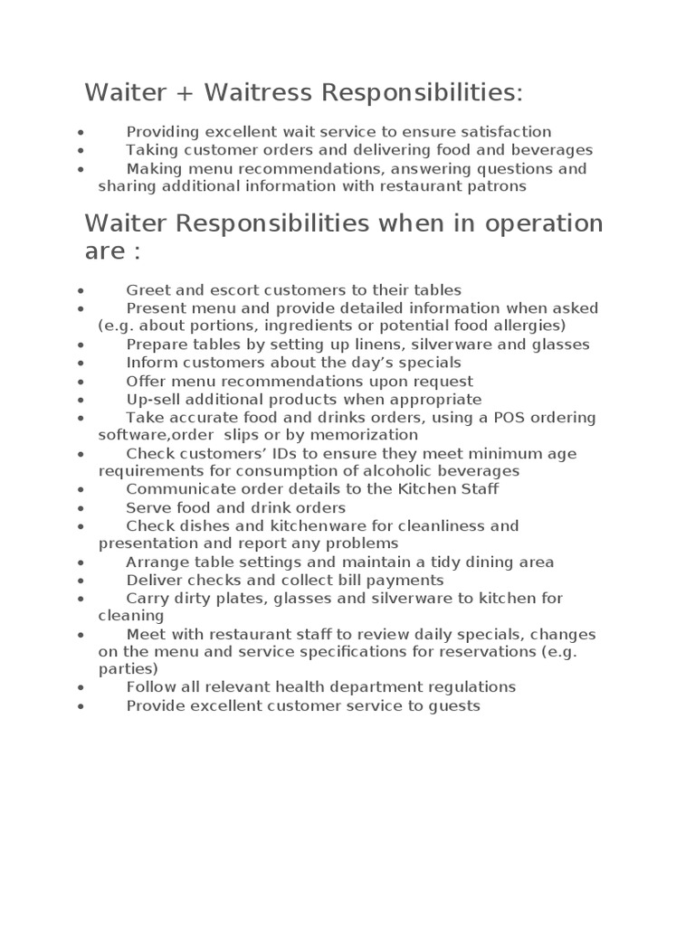 Waiter Resposibilities | PDF
