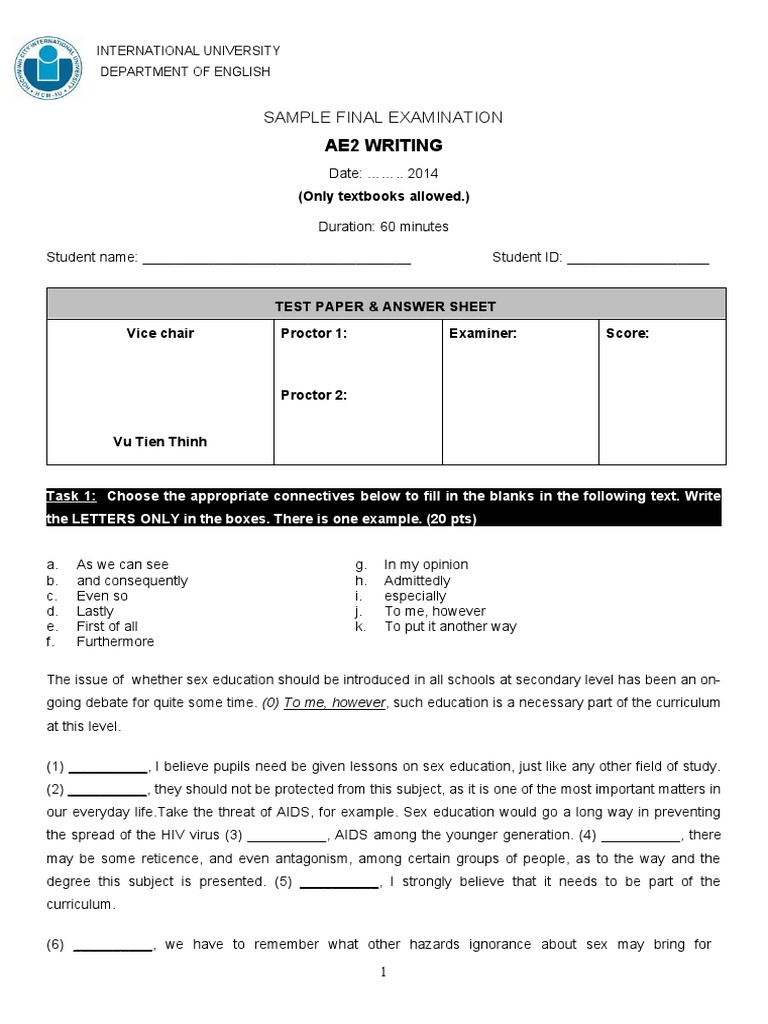 AE2 Writing Final Exam Sample | PDF | Sex Education | Cognition