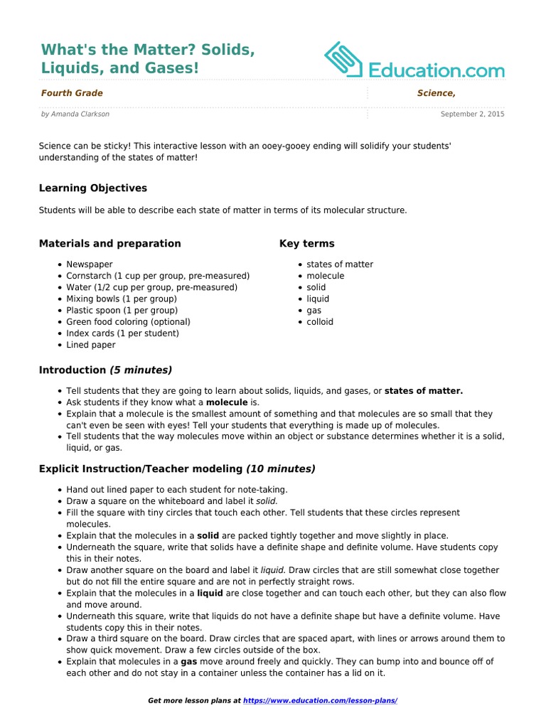 What's The Matter? Solids, Liquids, and Gases!: Learning Objectives ...
