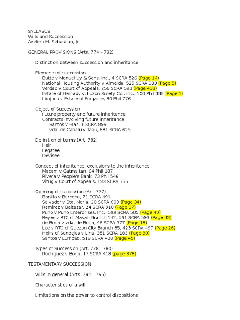 Succession-Syllabus PDF | PDF | Intestacy | Will And Testament