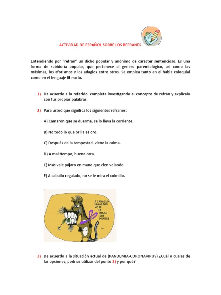 ACTIVIDAD DE ESPANOL SOBRE LOS REFRANES BHGGDLT | PDF