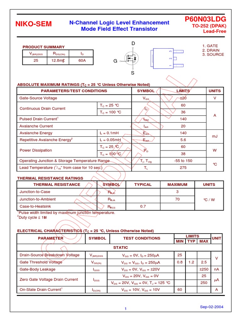 P60N03LDG Niko-Sem: N-Channel Logic Level Enhancement Mode Field Effect Transistor | PDF | Field ...
