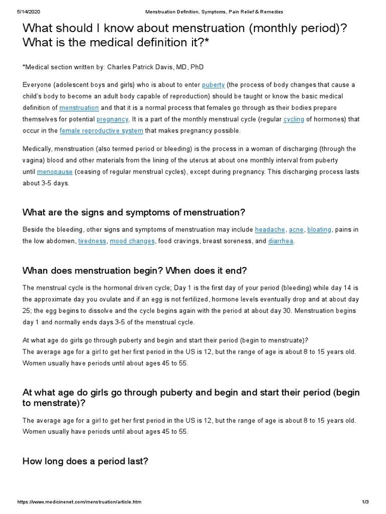 Menstruation Definition, Symptoms, Pain Relief & Remedies | PDF ...