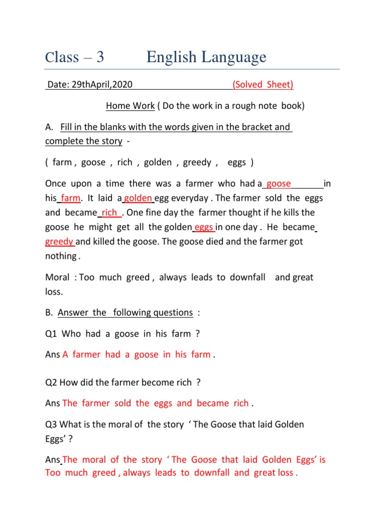 English Language Story 29th April Solved Sheet Class 3 PDF | PDF