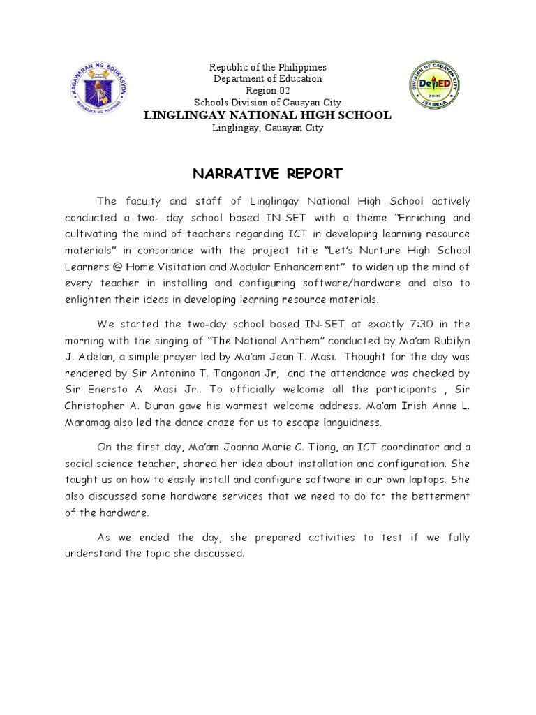 Narrative Report: Linglingay National High School | PDF | Educational ...