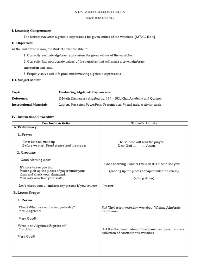 Algebra for 7th Graders | PDF | Fraction (Mathematics) | Lesson Plan