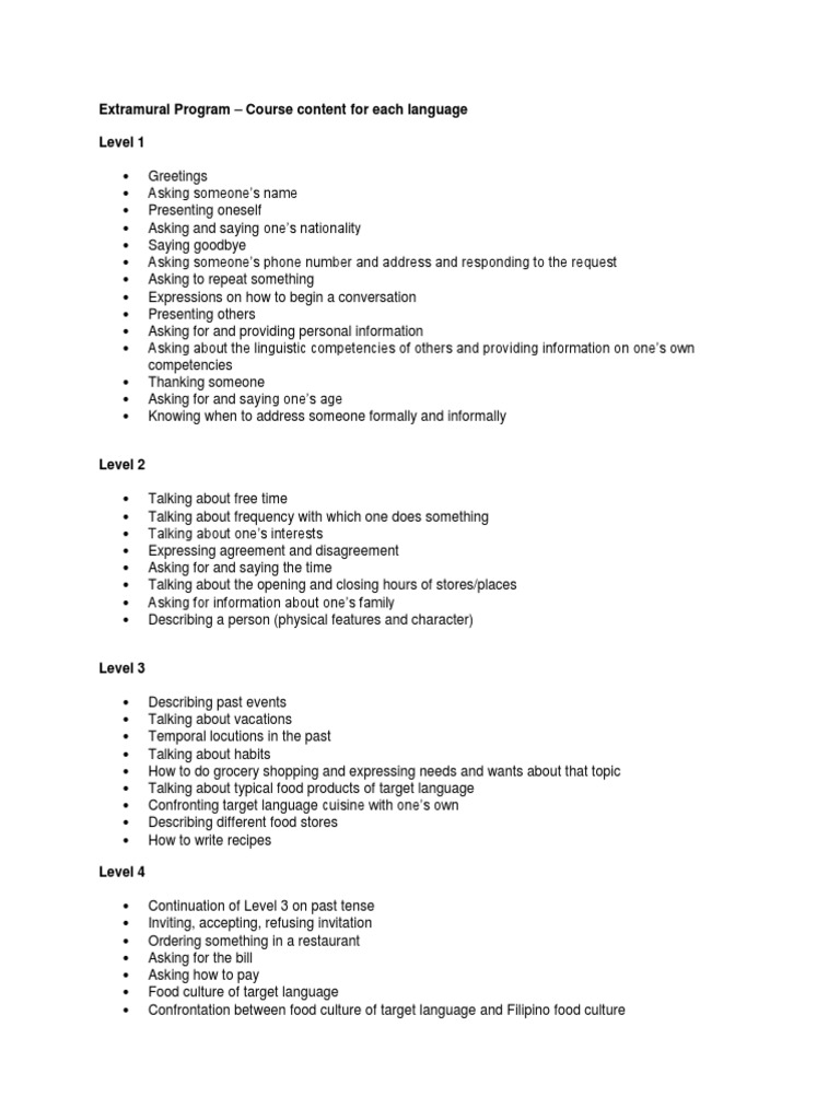 Course Outline For Learning A European Language | PDF