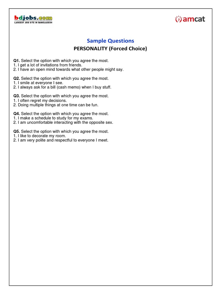 Sample Questions: PERSONALITY (Forced Choice) | PDF