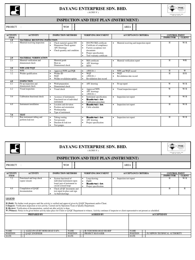 Dayang Enterprise Sdn. BHD.: Inspection and Test Plan (Instrument ...