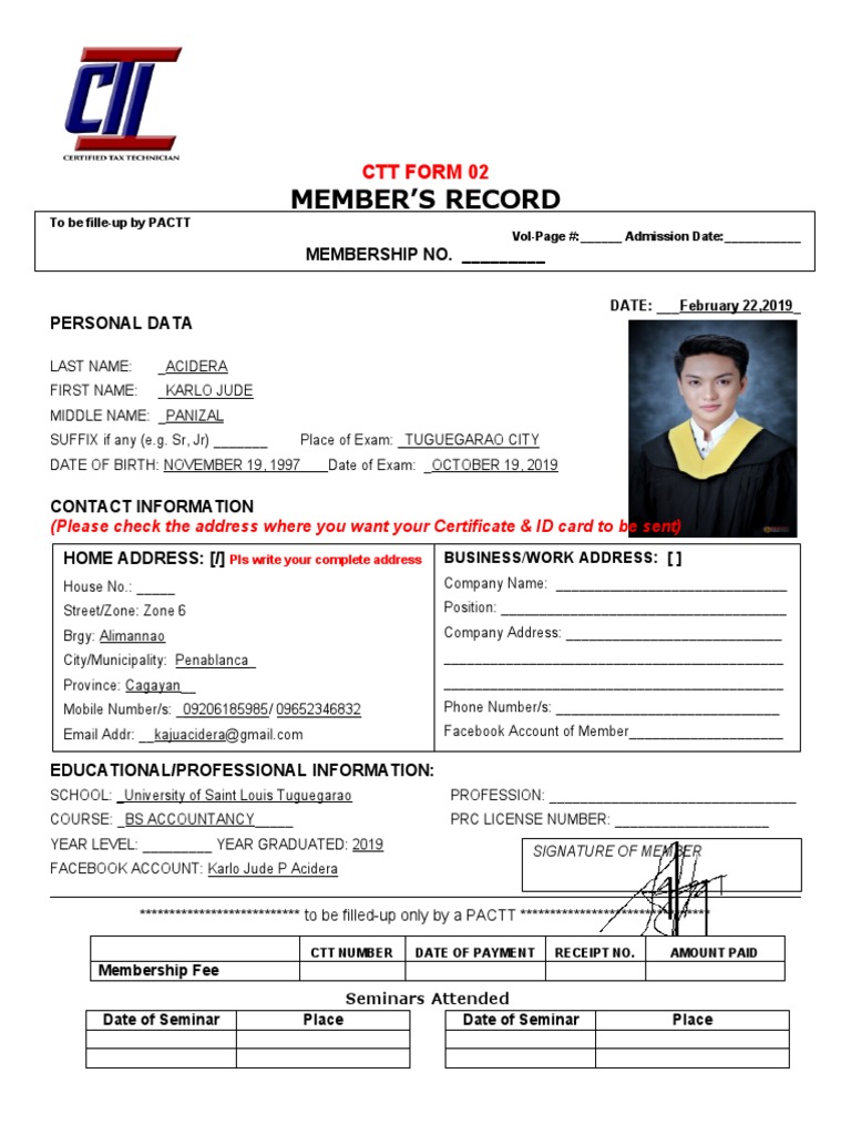 CTT Form 02 Member's Record Template | PDF | Finance & Money Management