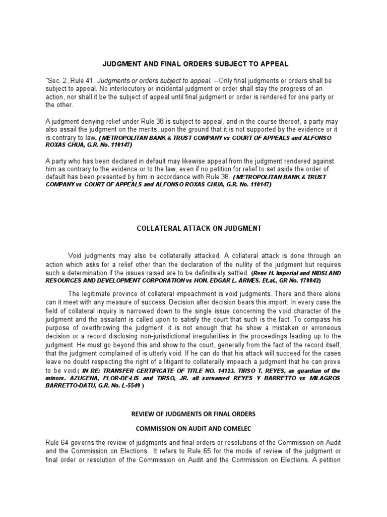 Judgment and Final Orders Subject To Appeal: Collateral Attack On ...