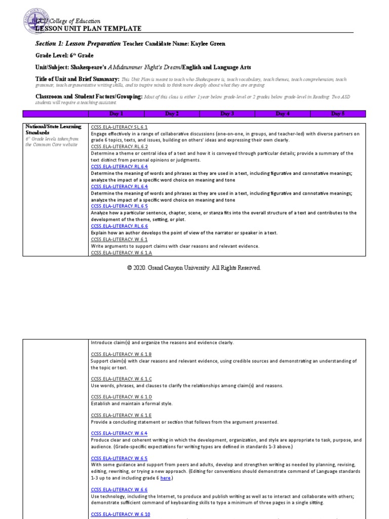 Section 1: Lesson Preparation: Lesson Unit Plan Template | PDF ...