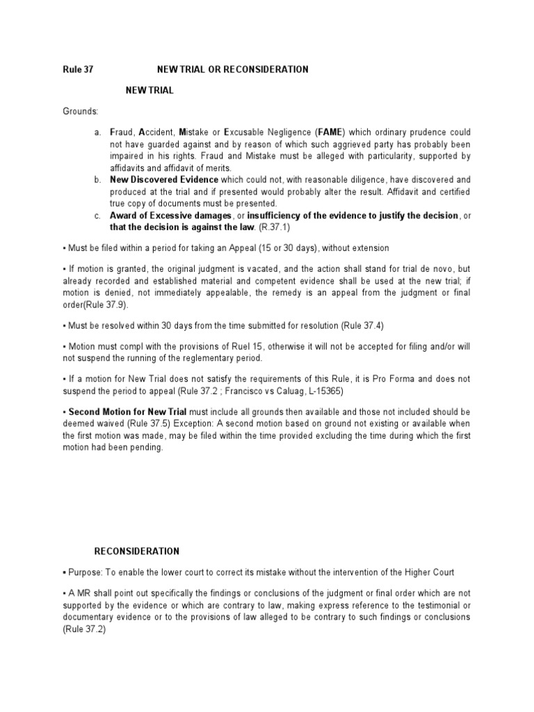 Rule 37 New Trial or Reconsideration New Trial | PDF | Annulment ...