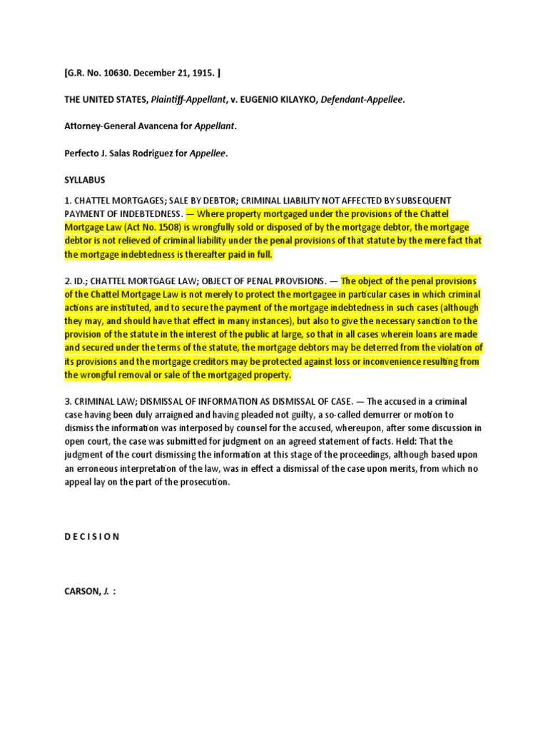 US Vs Kilayko Digest | PDF | Mortgage Law | Demurrer