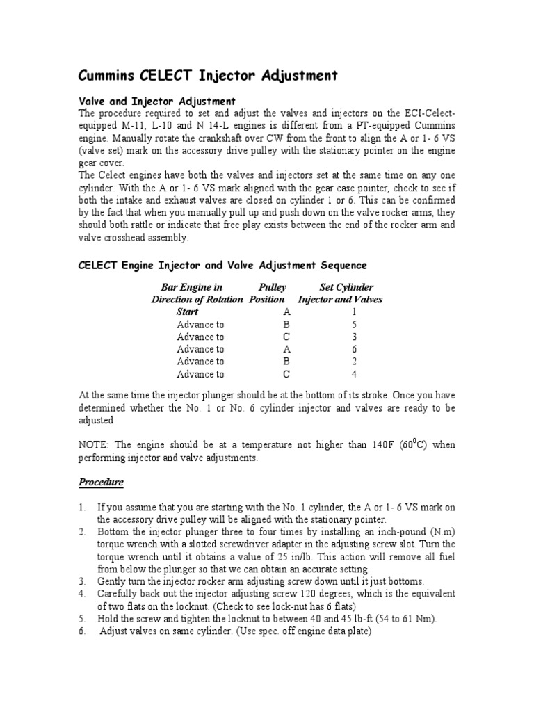 Cummins CELECT Injector Adjustment | PDF | Fuel Injection | Valve