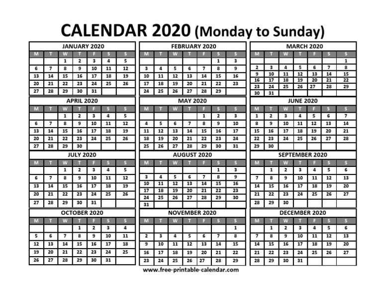 Calendar 2020: (Monday To Sunday) | PDF