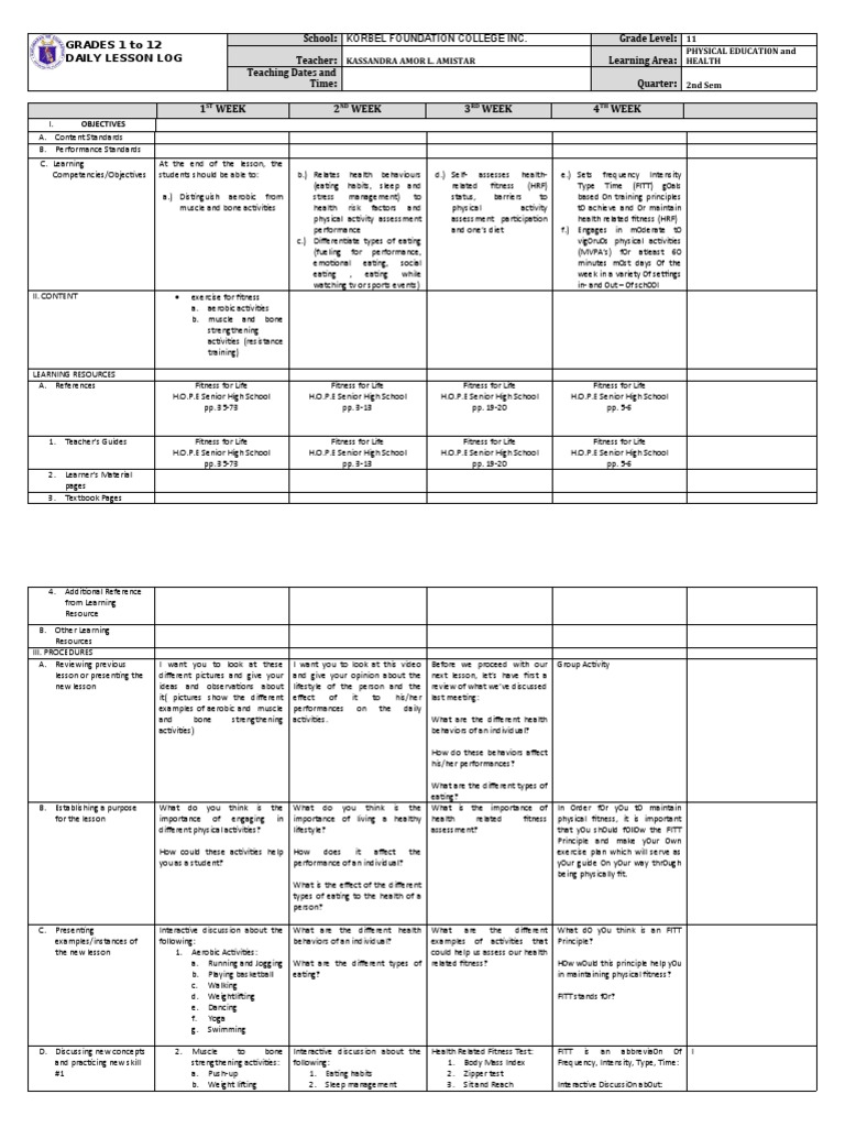 Physical Education Daily Lesson Log: Promoting Health and Fitness ...