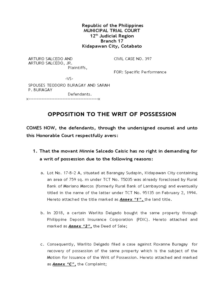 Opposition To The Writ of Possession | PDF | Writ | Lawsuit