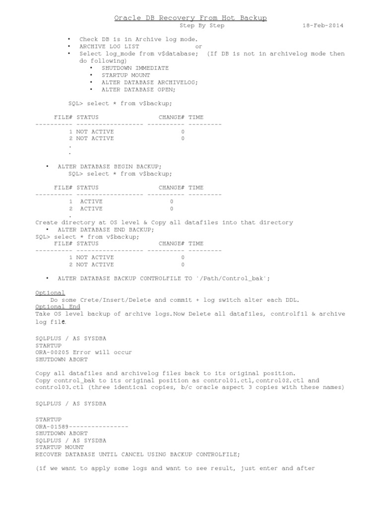 Oracle Hot Backup | PDF