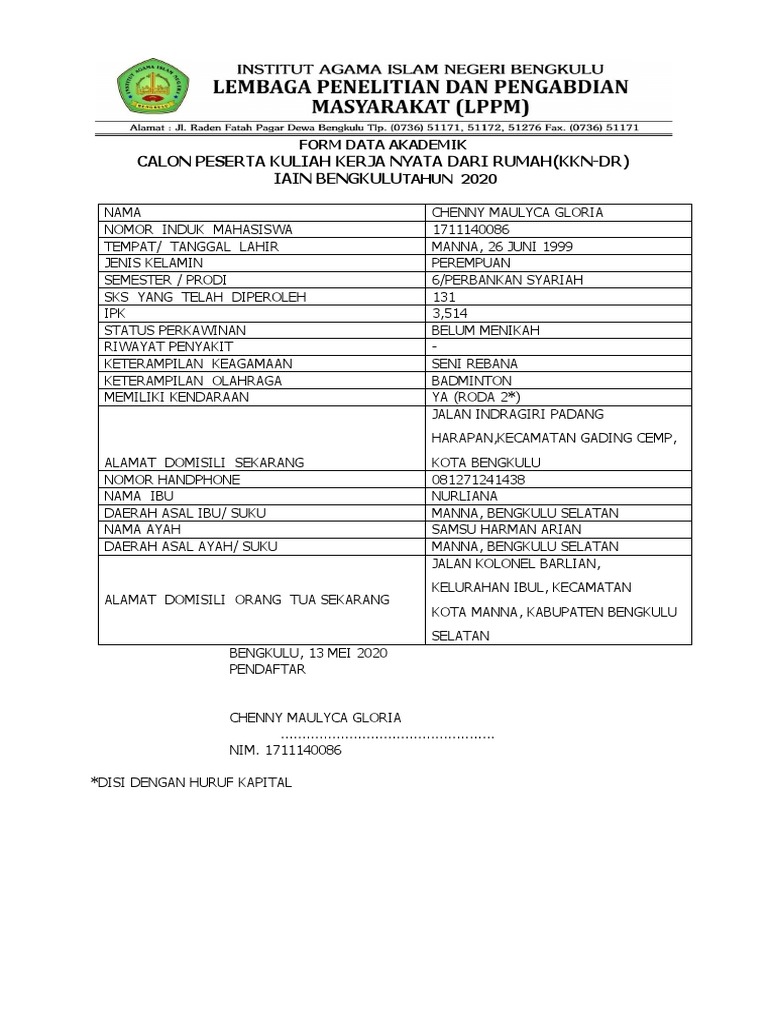Form Data Akademik KKN 2020 | PDF