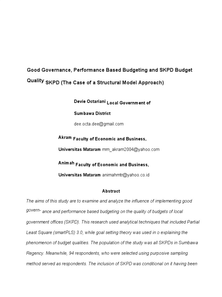 Good Governance, Performance Based Budgeting and SKPD Budget Quality ...
