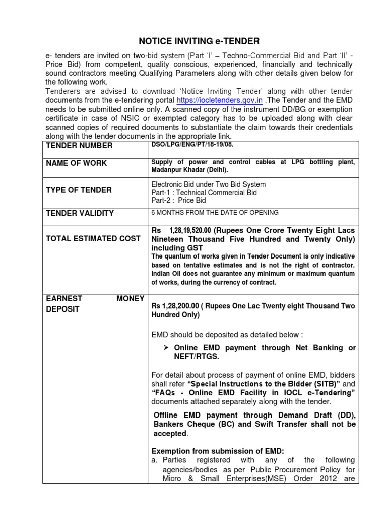 Notice Inviting E-Tender: Electronic Bid Under Two Bid System Part-1 ...