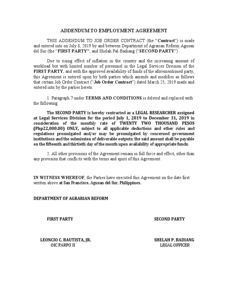 Addendum To Employment Agreement: FIRST PARTY, and With The Approved ...